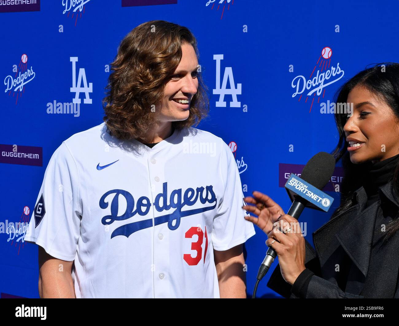 Los Angeles, United States. 01st Feb, 2025. Tyler Glasnow speaks to a ...