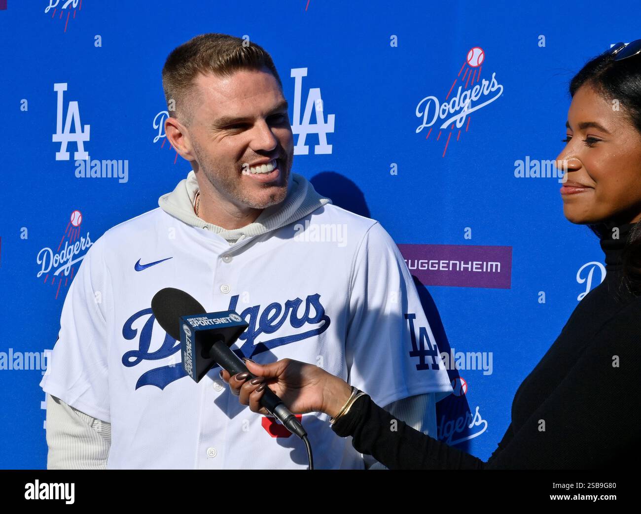 Los Angeles, United States. 01st Feb, 2025. Freddie Freeman speaks to a ...