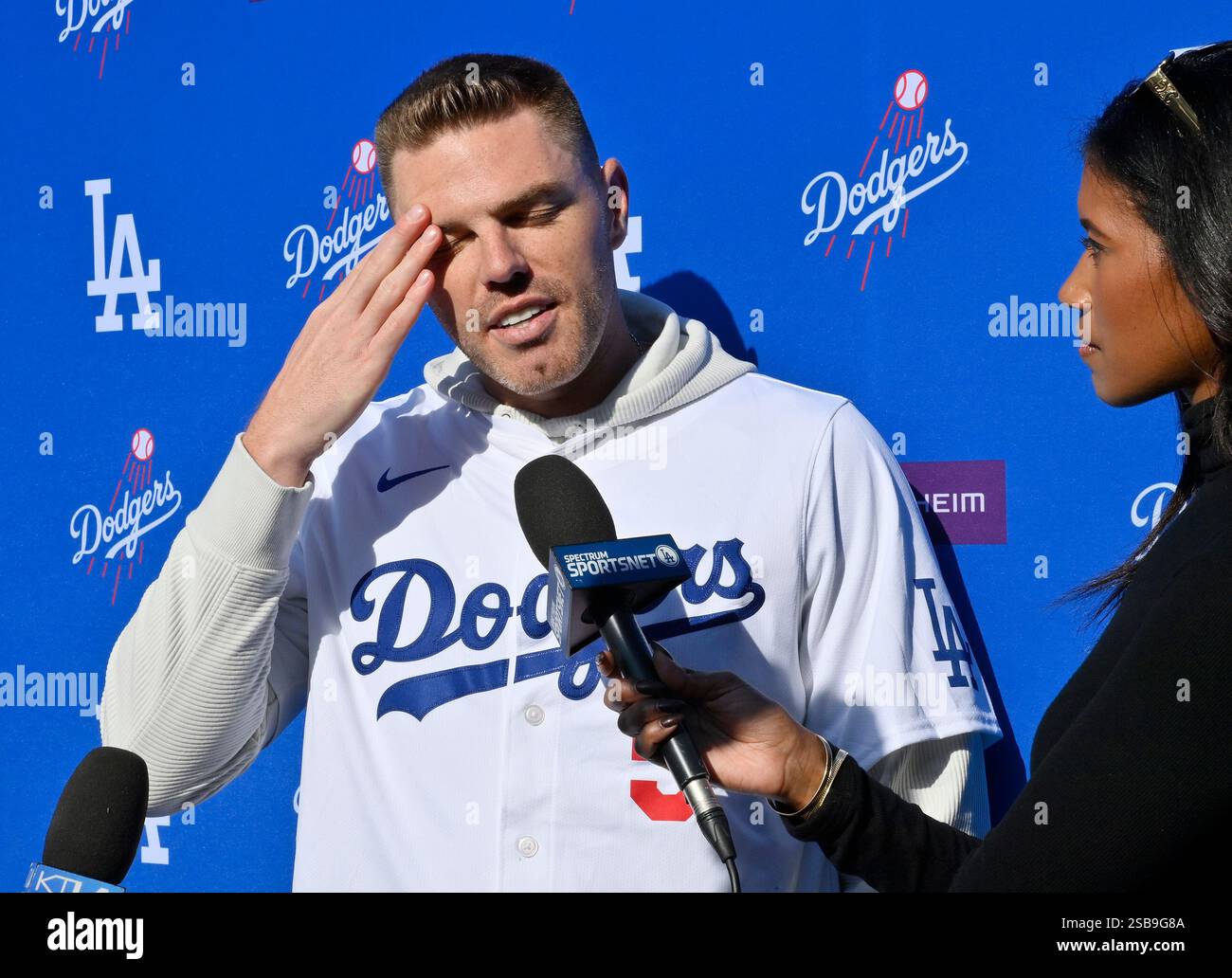 Los Angeles, United States. 01st Feb, 2025. Freddie Freeman speaks to a ...