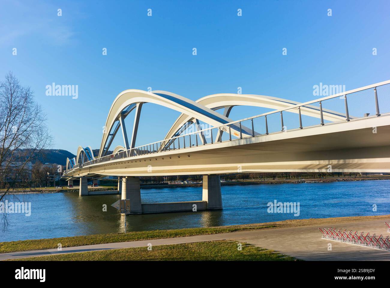 linz, austria, 01 feb 2025, new railway bridge across the danube river ...