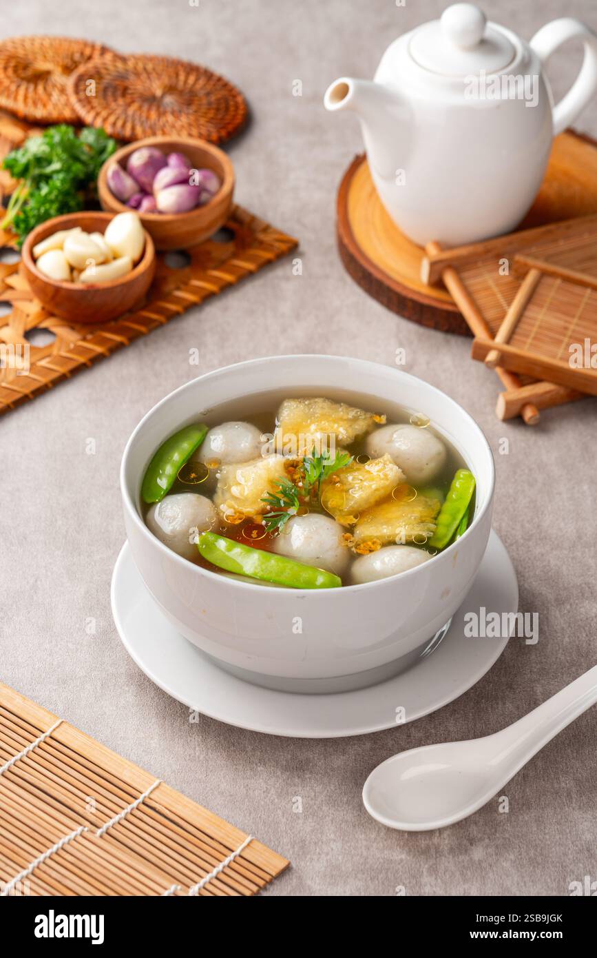 Fish Ball Soup with Fish belly crackers are called hipio Stock Photo ...