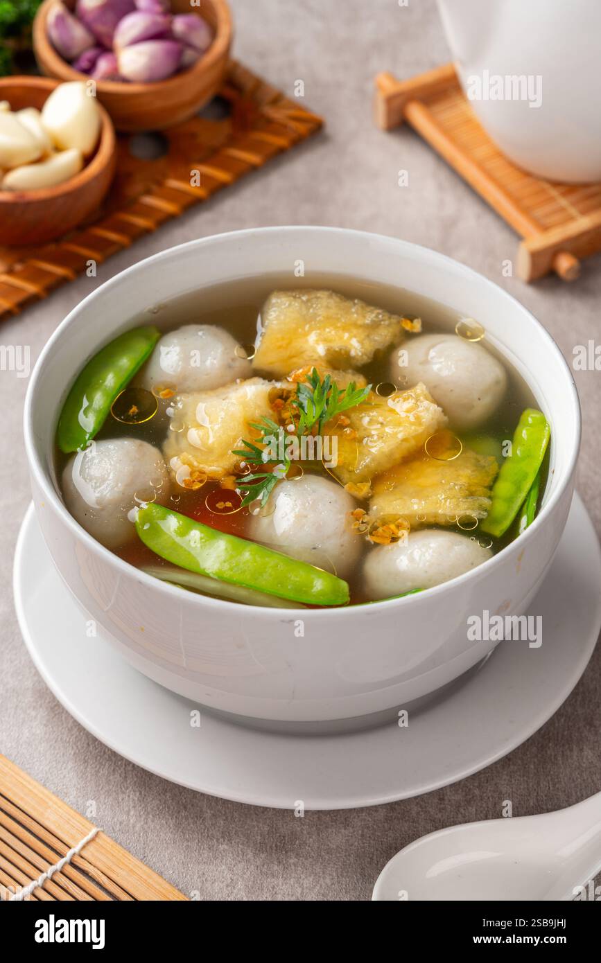 Fish Ball Soup with Fish belly crackers are called hipio Stock Photo ...