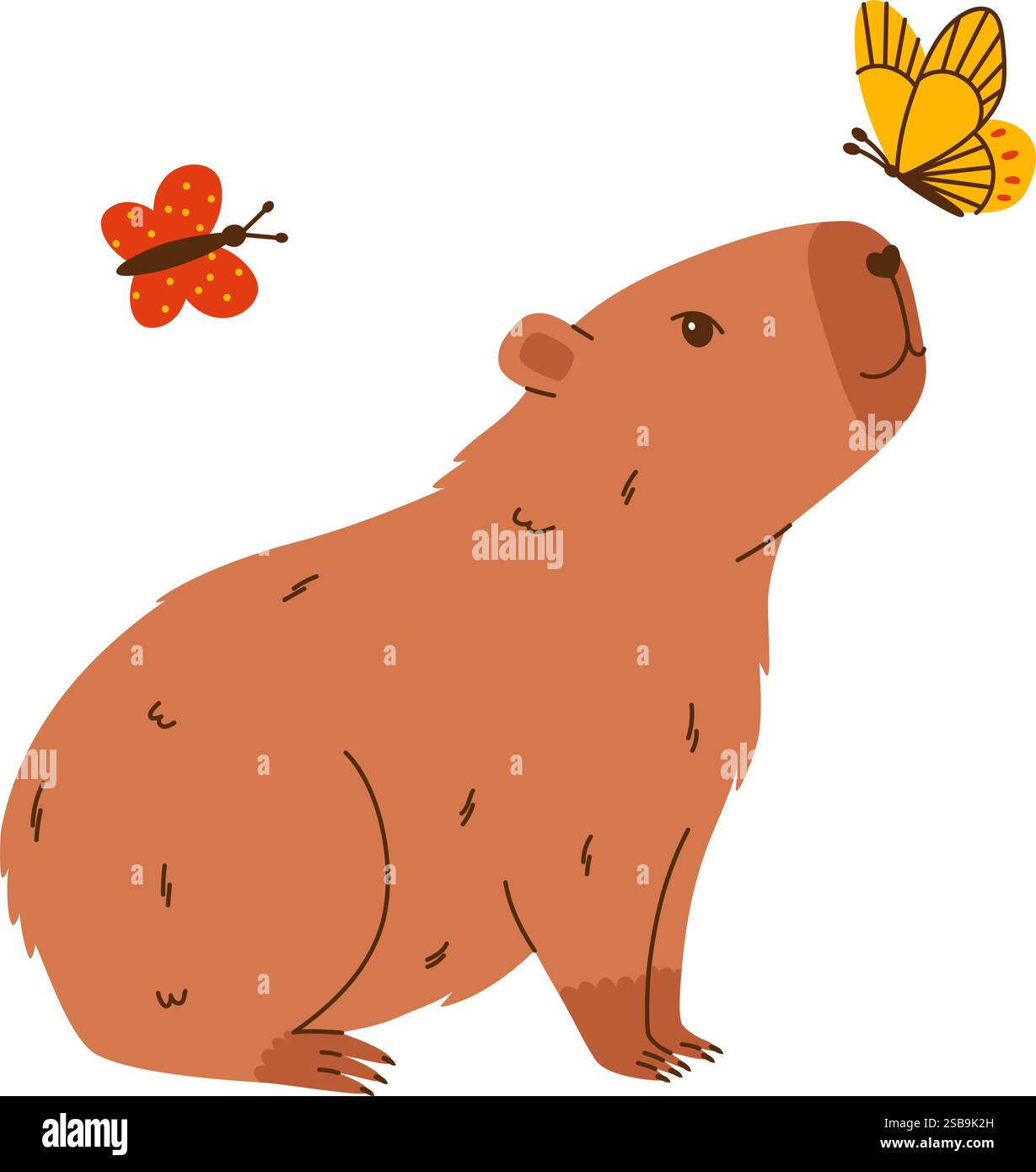 Cute capybara character. Funny rodent playing with butterflies. Hand ...