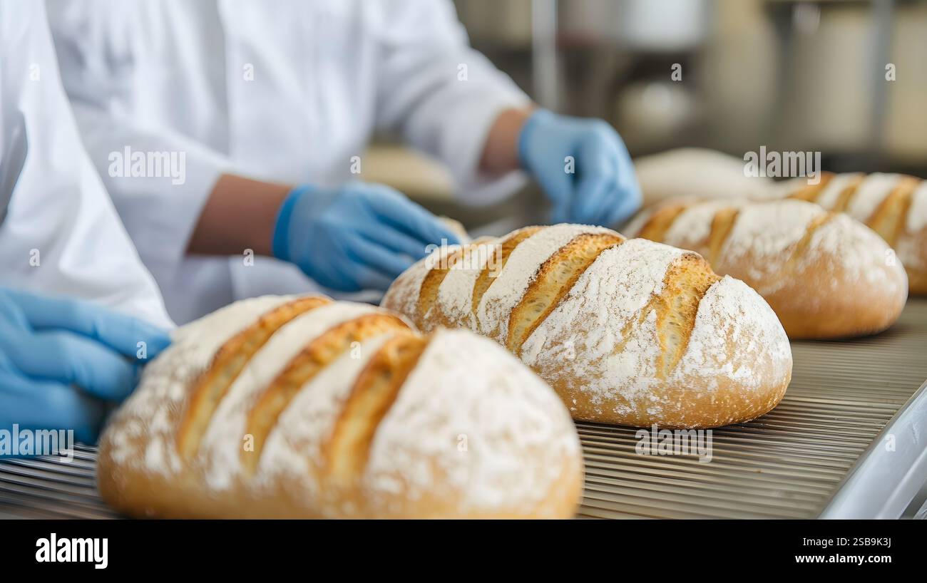 Food inspectors in a bakery lab carefully examining and testing bread ...