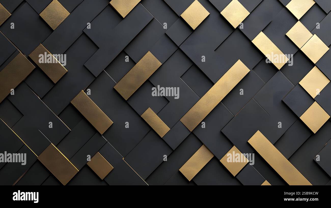 Abstract geometric background featuring interlocking black and gold shapes with soft shadows ...
