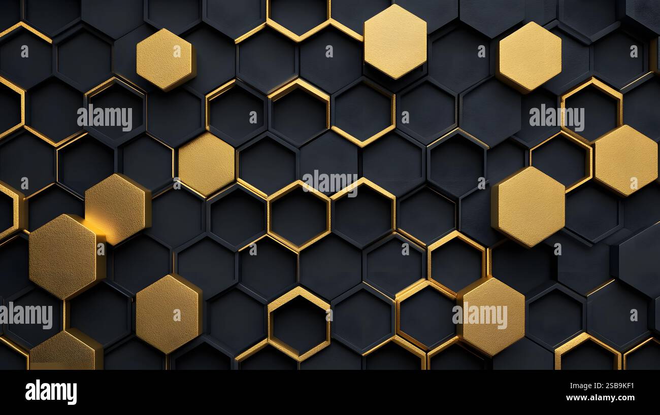 Repetitive 3D golden hexagons on a matte black background with subtle ...