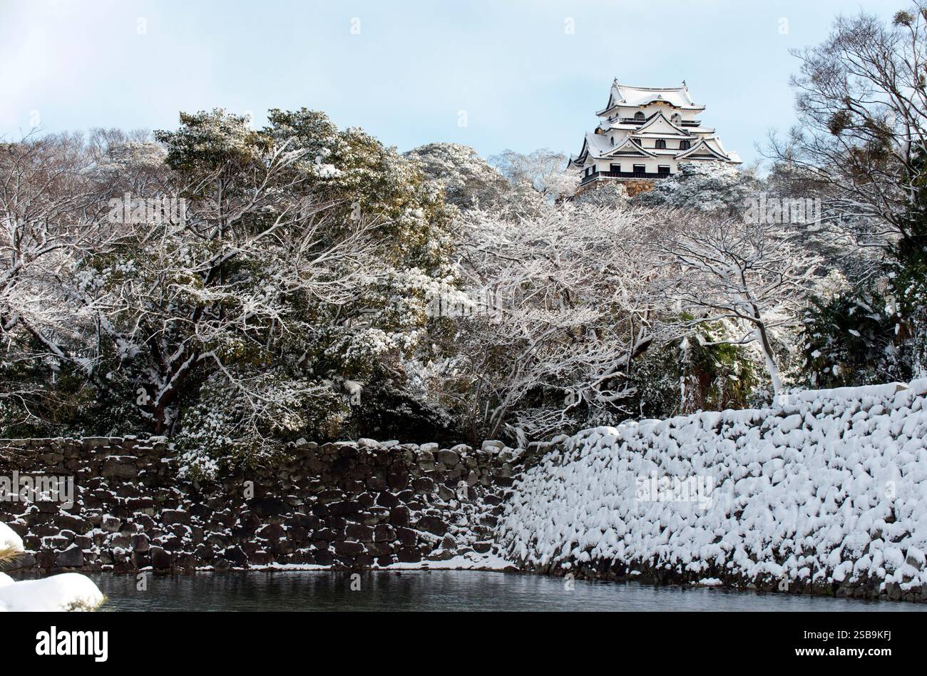 Snowy winter scene at Hikone Castle, one of twelve original feudal ...