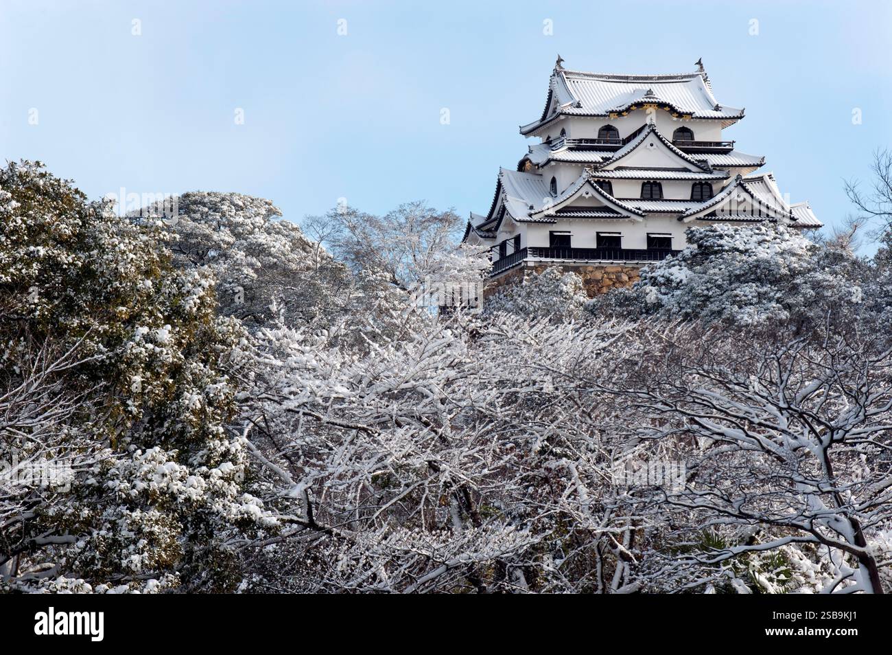 Snowy winter scene at Hikone Castle, one of twelve original feudal ...