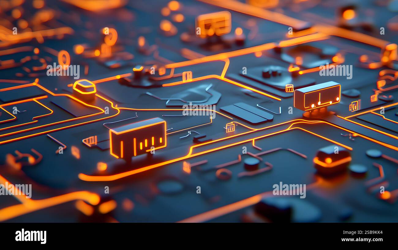 Streamlined Abstract Transport Network with Glowing Pathways and Icons 3D Futuristic cityscape ...