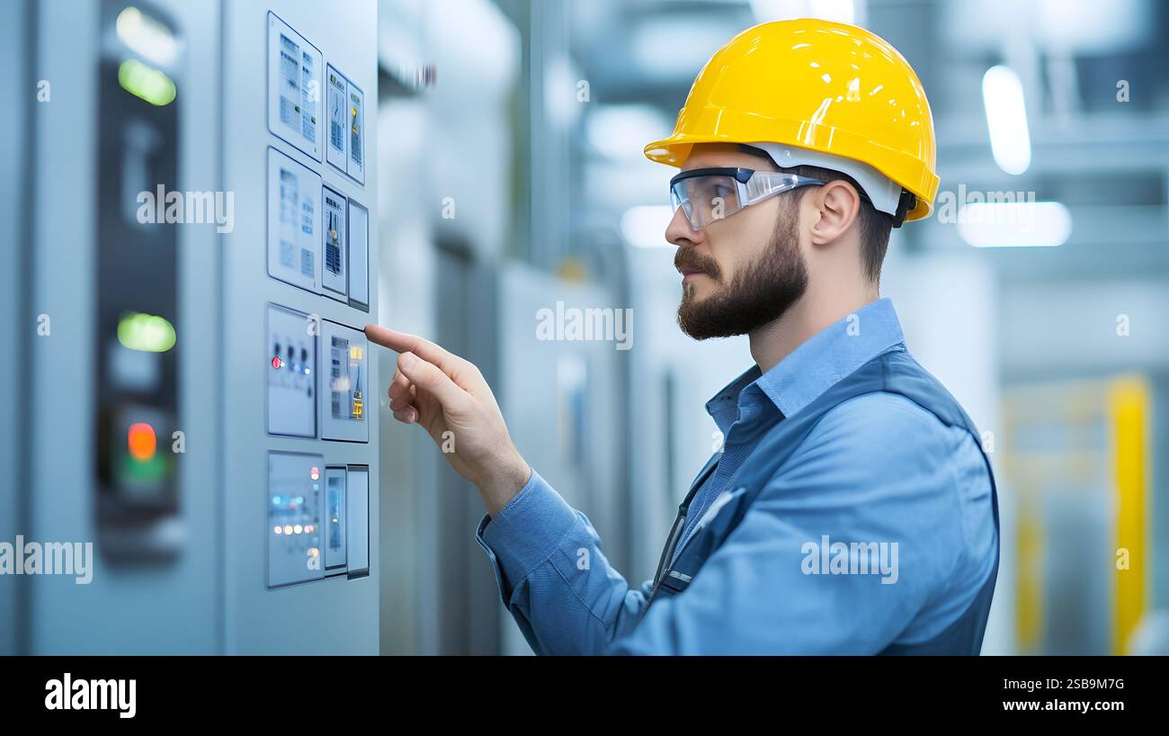 Professional industrial worker in safety helmet inspecting and ...