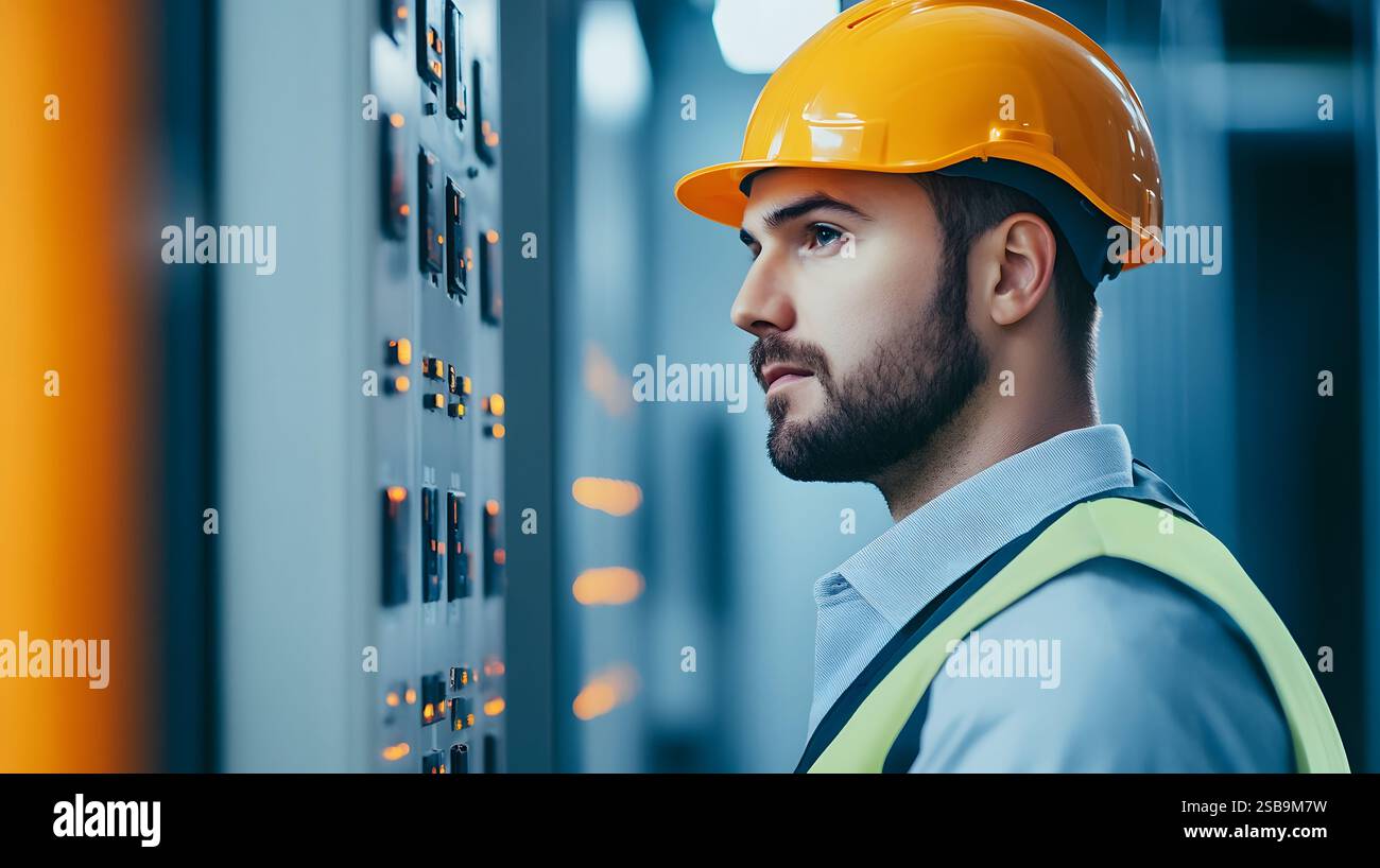 A baker wearing a hardhat and safety gear is carefully inspecting a ...