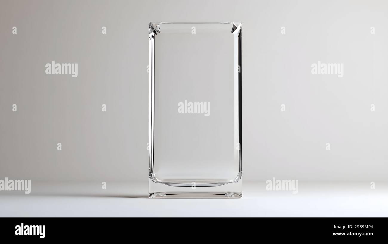 Rectangular clear glass trophy with beveled edges,isolated on a simple ...