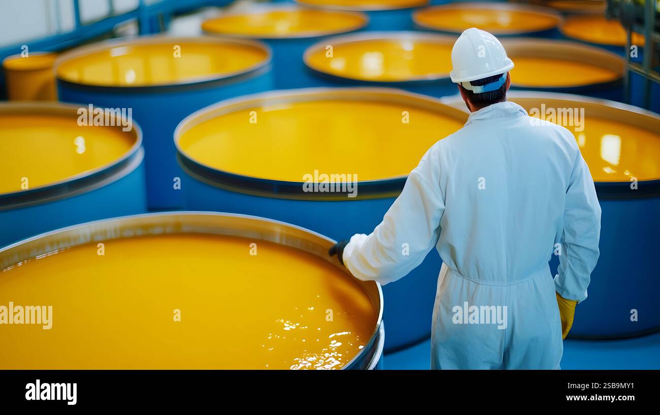 Industrial worker in protective gear supervising the blending of oil in ...