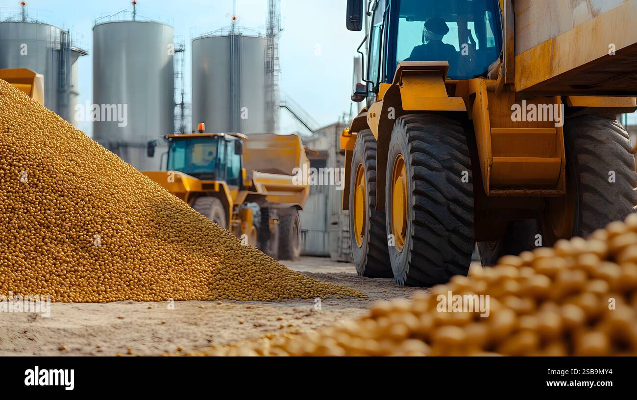 Soybean harvesting machinery unloading the harvested soybeans into ...