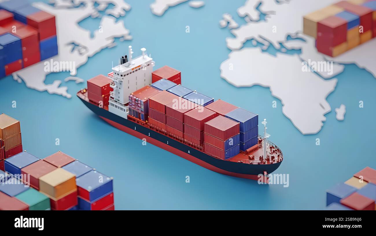 Overhead view of global container shipping network with cargo ships ...