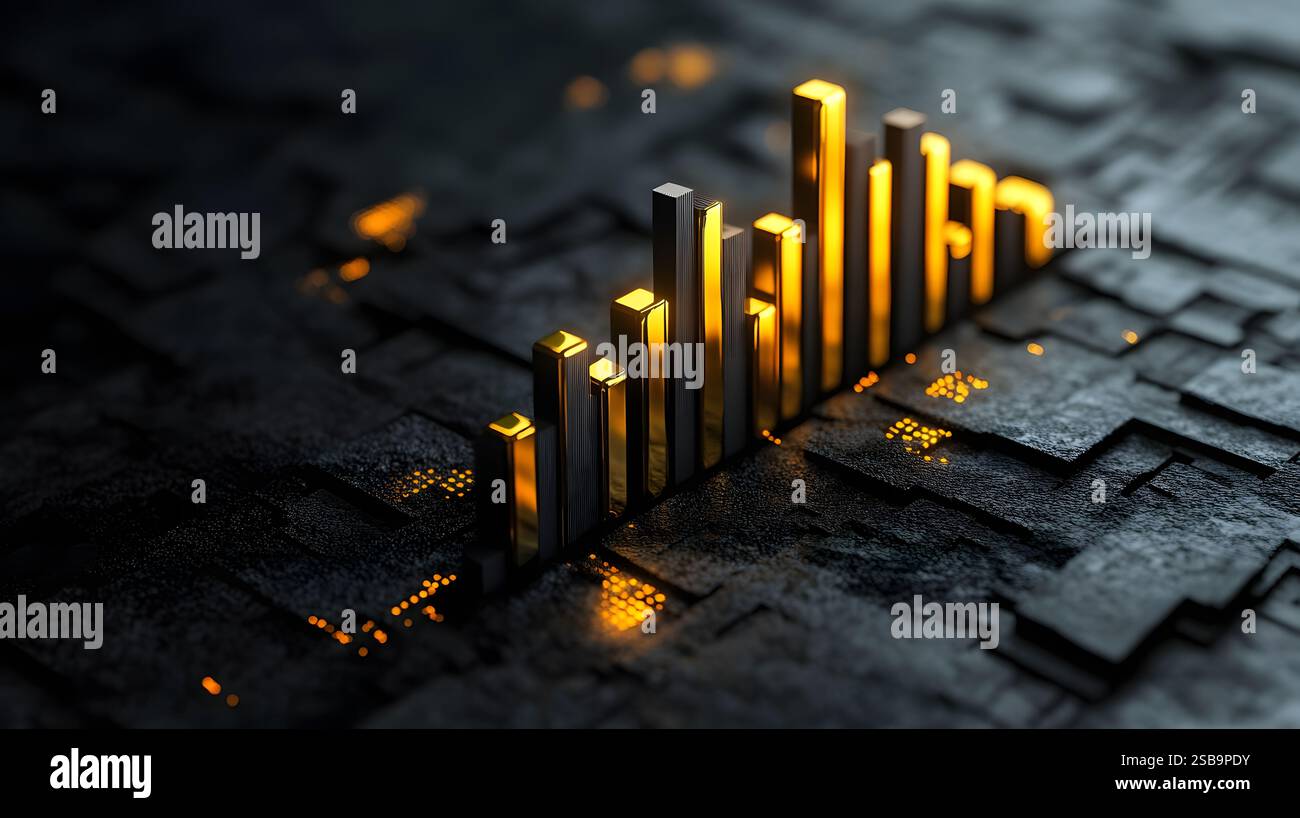Glowing digital charts and graphs hovering above a dark corporate ...