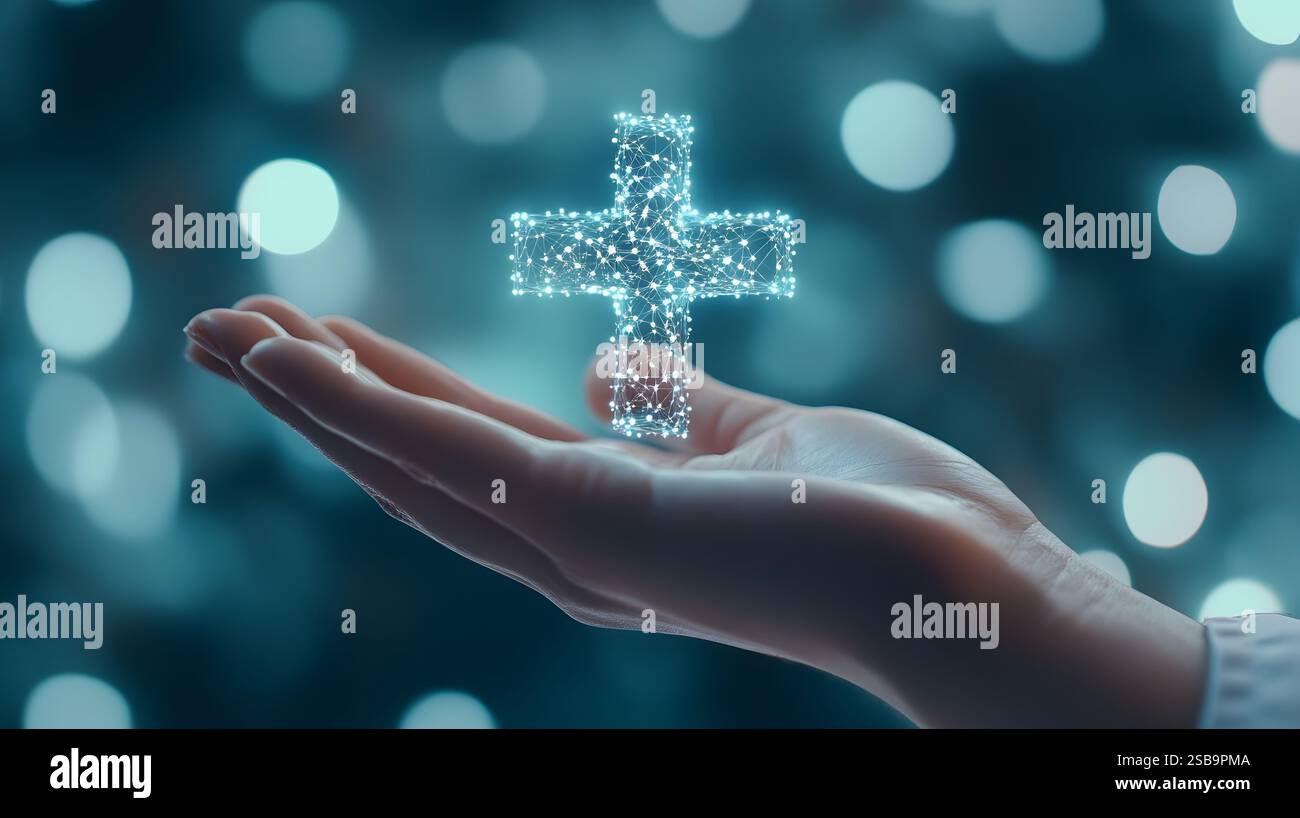 Doctor Presenting a Holographic Medical Cross Symbol on a Blurred ...