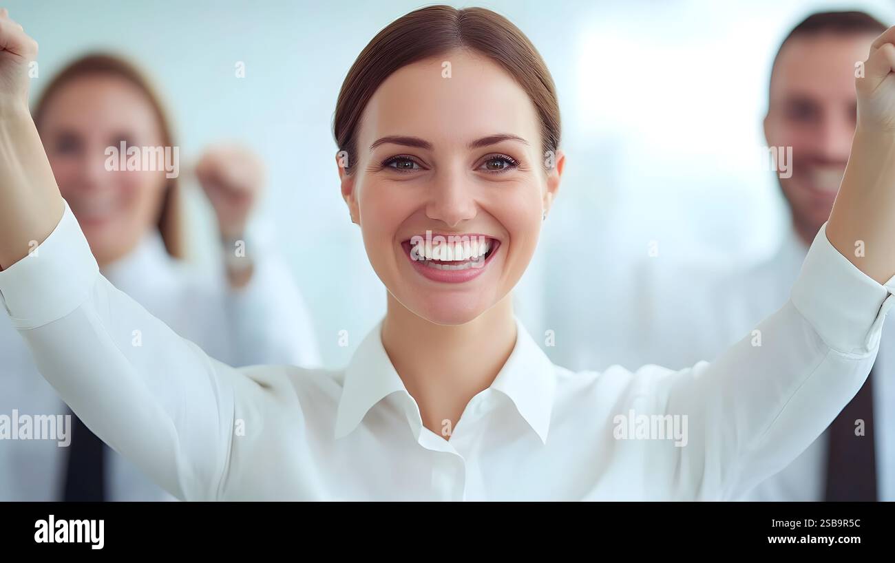 Portrait of a group of cheerful business colleagues raising arms in ...