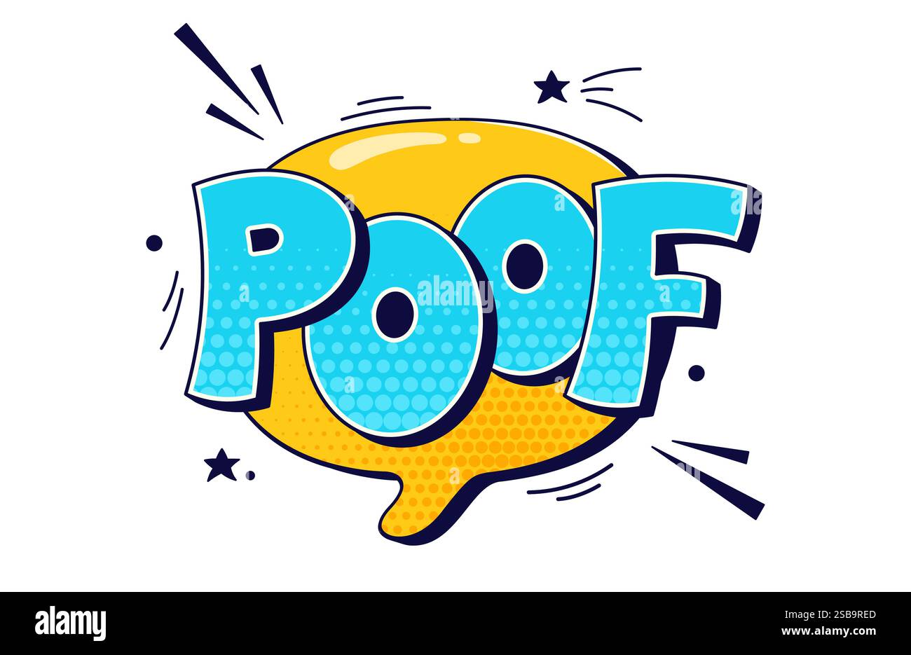 Speech bubble POOF with halftone elements. Blue text on yellow ...