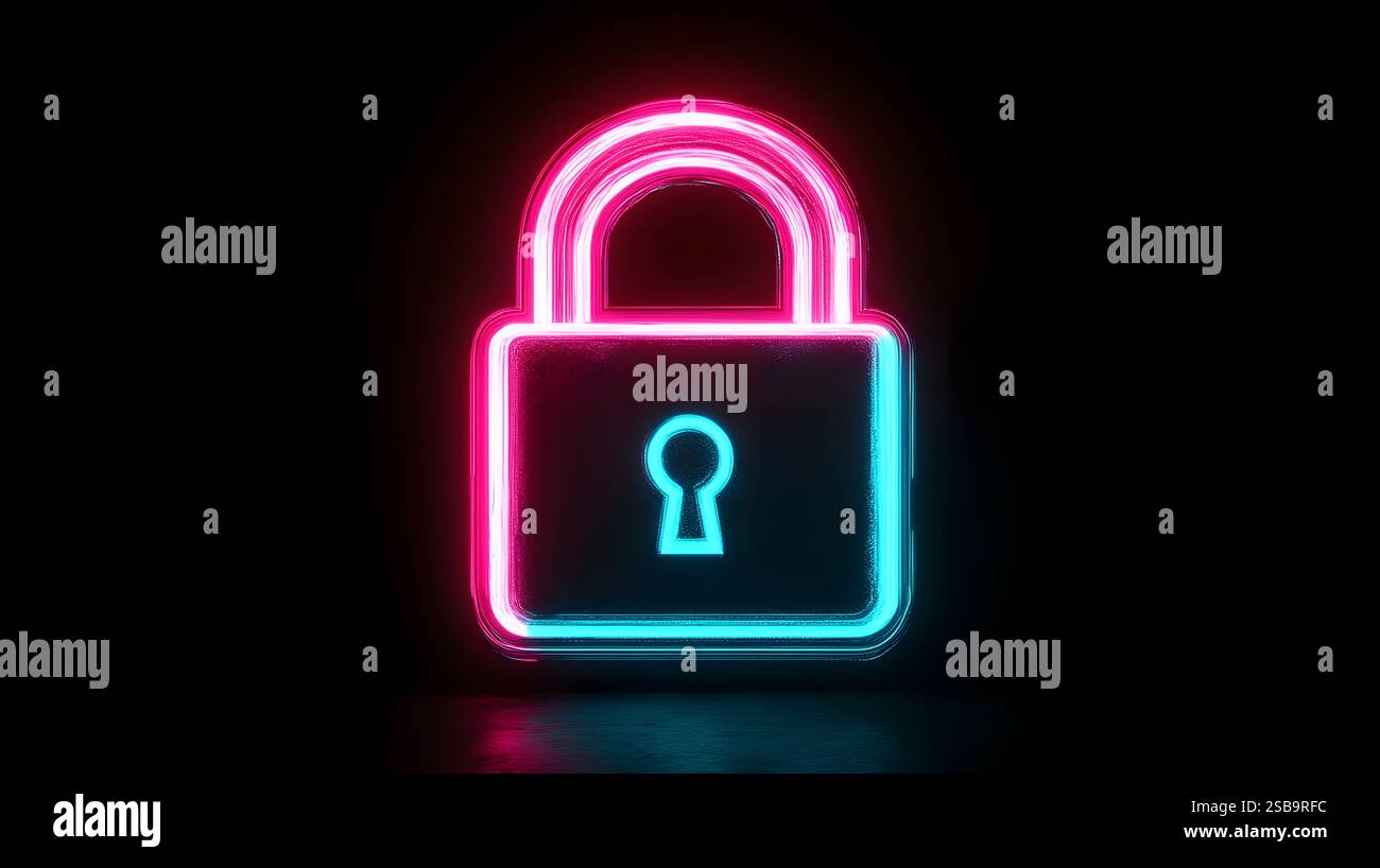 A visually striking photo depicting a glowing neon padlock icon with a ...