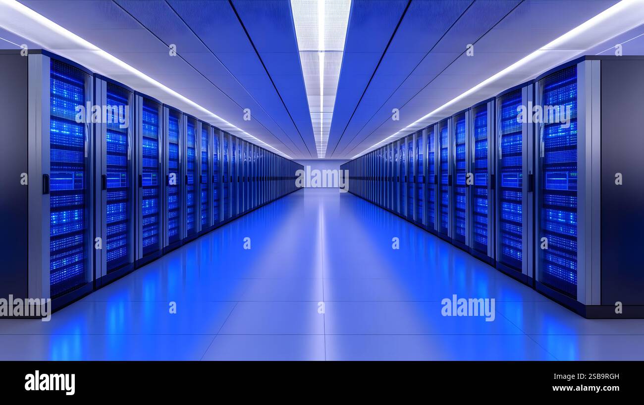 Futuristic and Sleek Data Server Room Glowing with Blue Lights ...