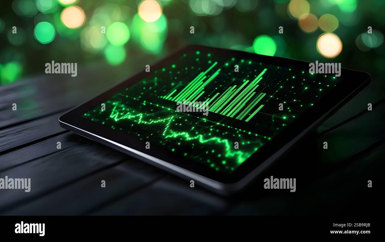 Futuristic graphs,charts,and data visuals displayed on a tablet screen ...