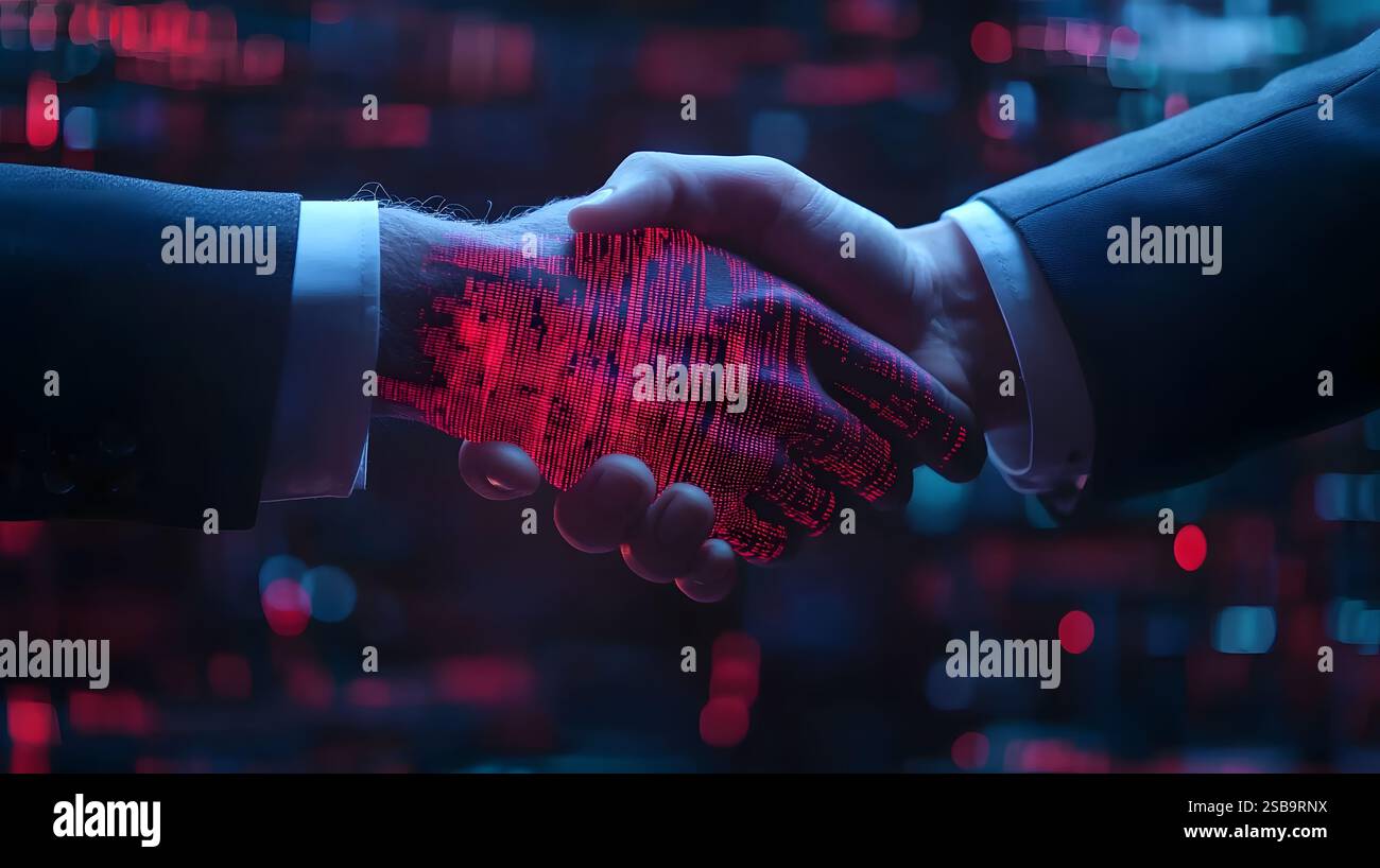 Futuristic business handshake with holographic financial data overlay on a dynamic,vibrant ...