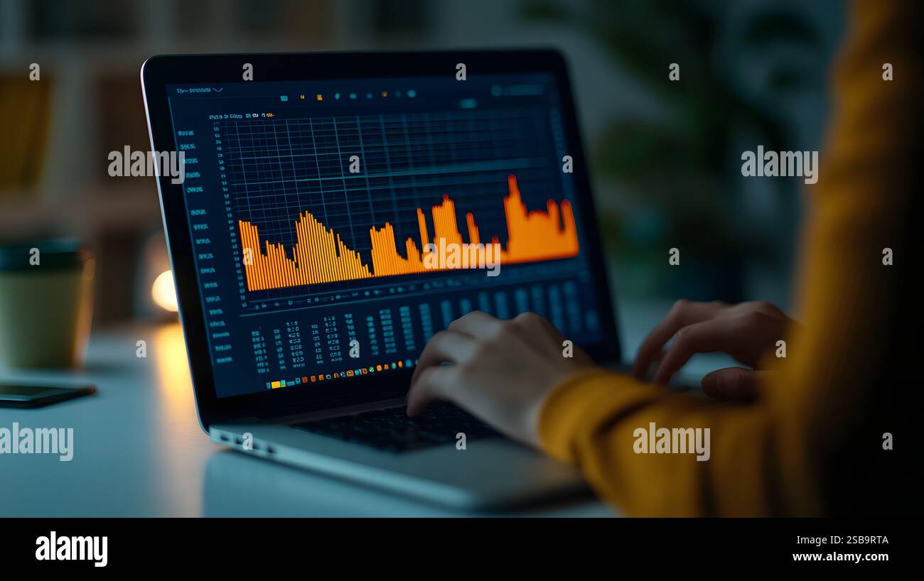 Laptop displaying glowing tech graphs and data analytics dashboard in a ...