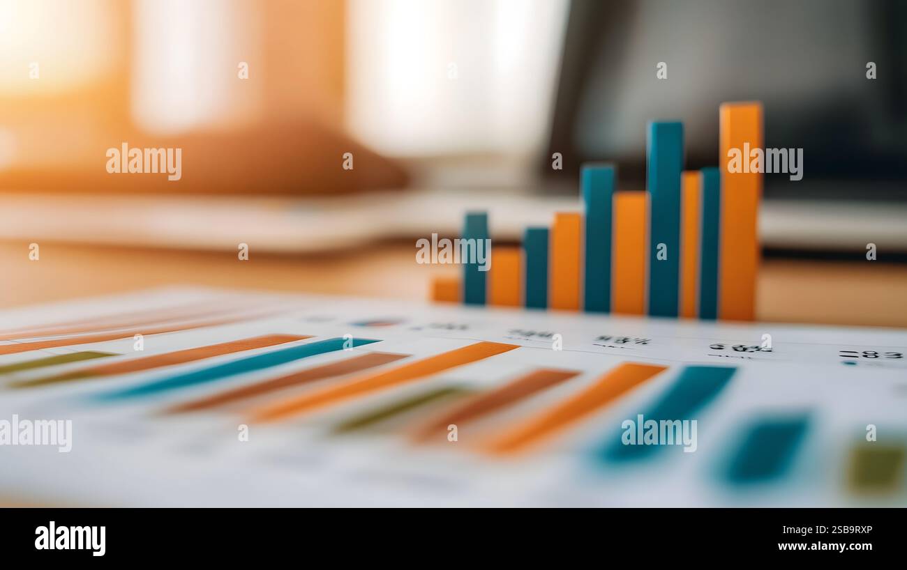 Colorful glowing bar charts and financial data overlays on a sleek ...