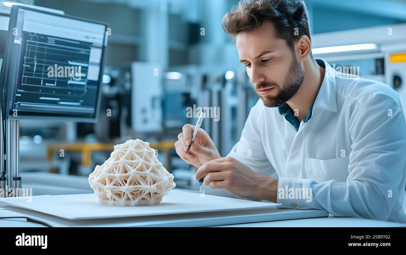 Engineer closely examining a 3D-printed component,evaluating its ...