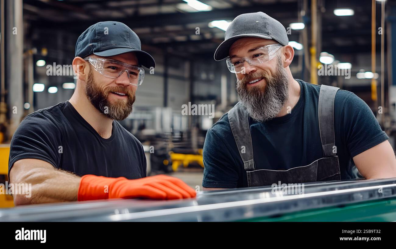 Two factory workers,a worker and an engineer,collaborating and ...