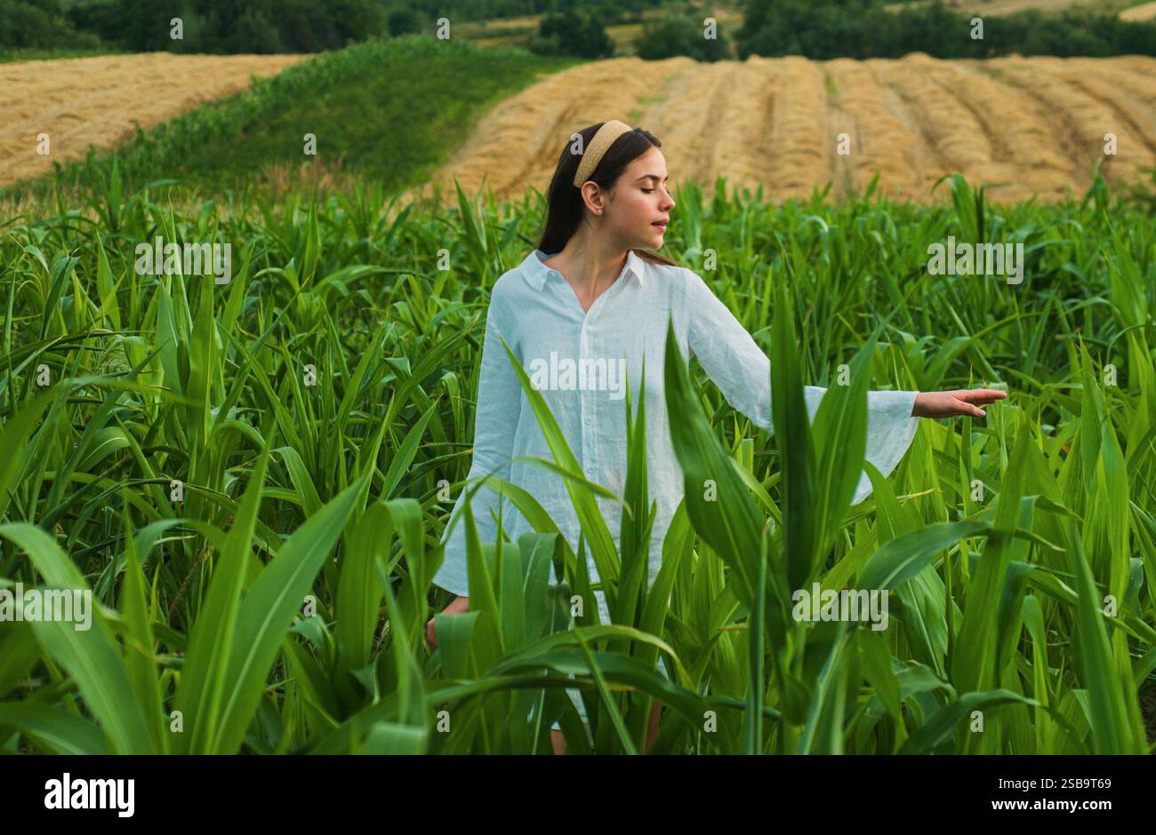 Young farmer in corn field. Cheerful woman posing in the corn crop ...