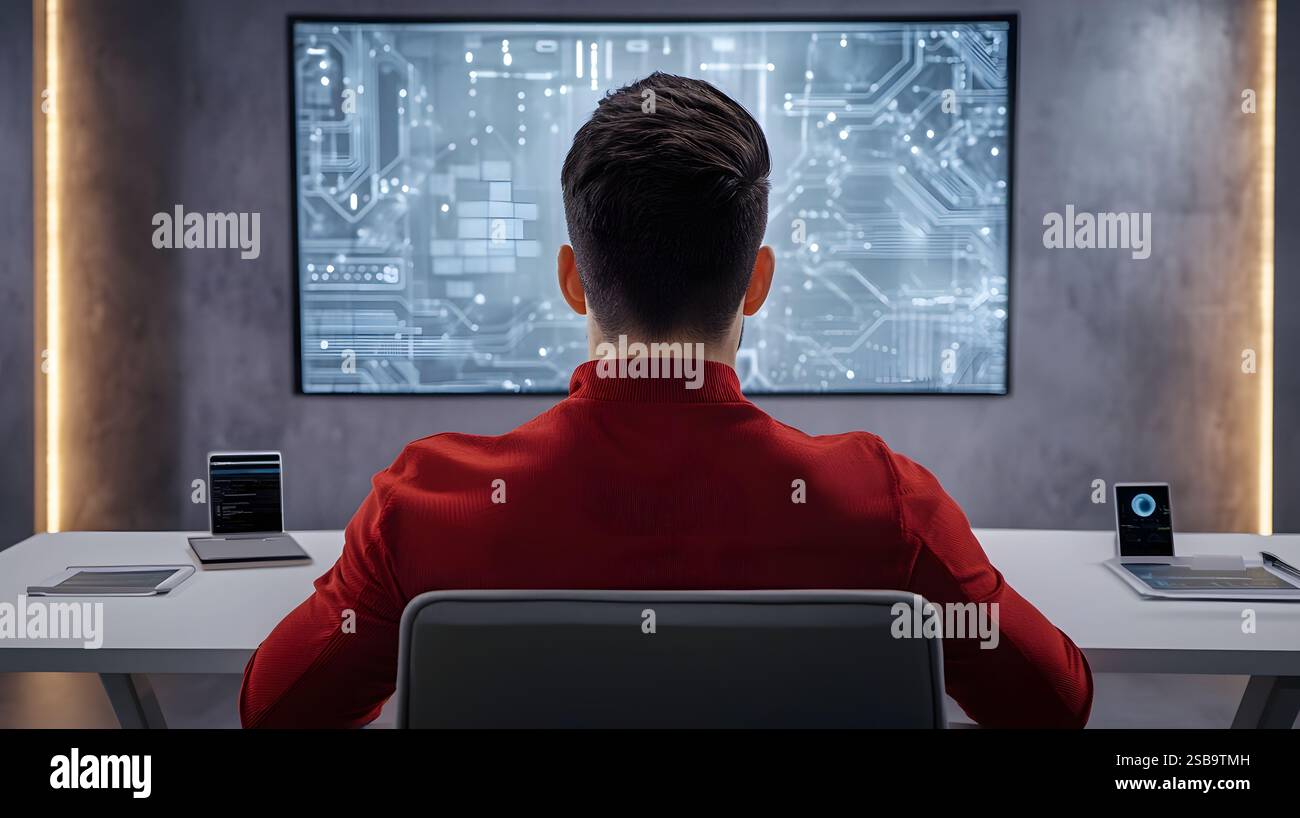 Engineer meticulously analyzing digital blueprints and plans for ...