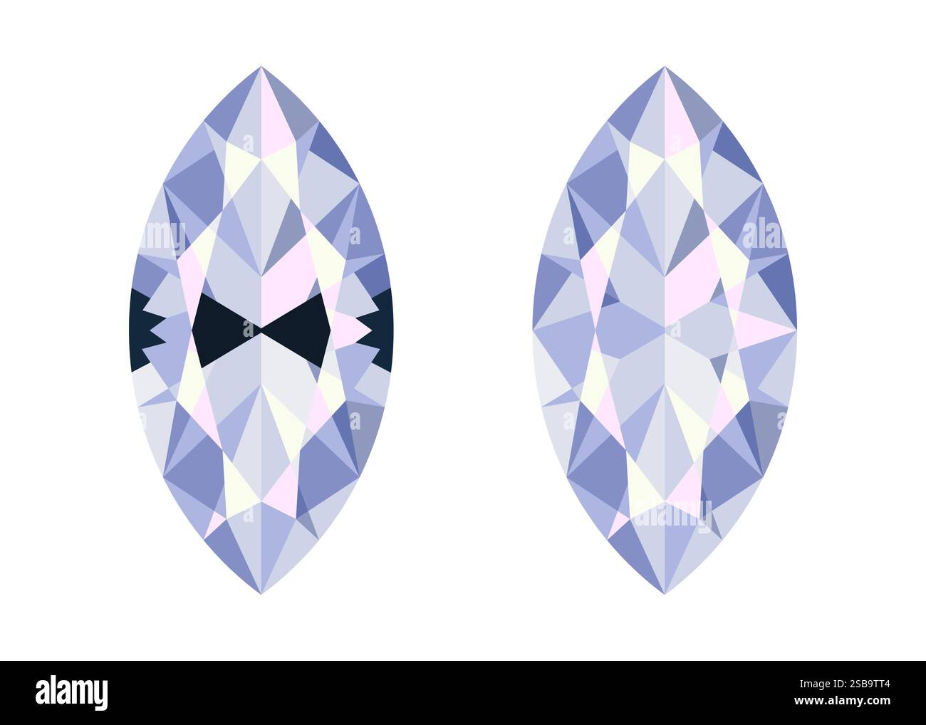 Marquise cut diamond with and without bow tie effect. Flat vector ...