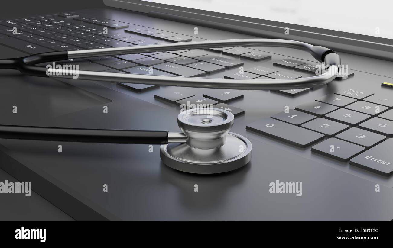 Telemedicine concept, medical stethoscope and computer laptop, closeup ...