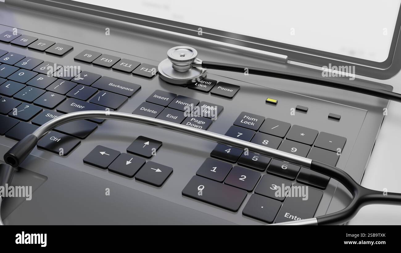 Telemedicine concept, medical stethoscope and computer laptop, closeup ...