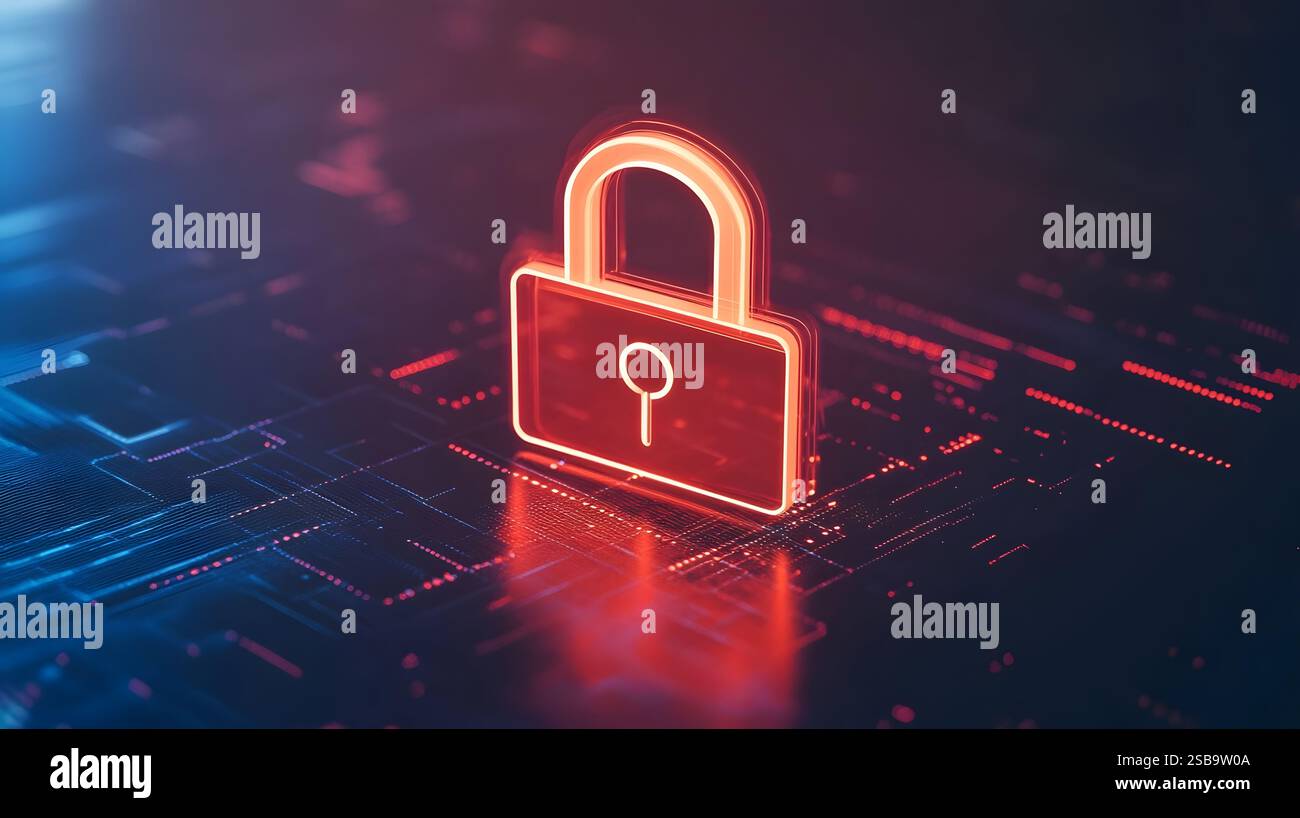 Glowing red lock icon illuminating on a dark digital background ...