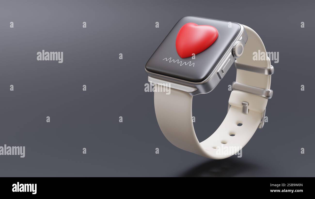 Smart watch with heart on screen isolated on black, digital smartwatch ...