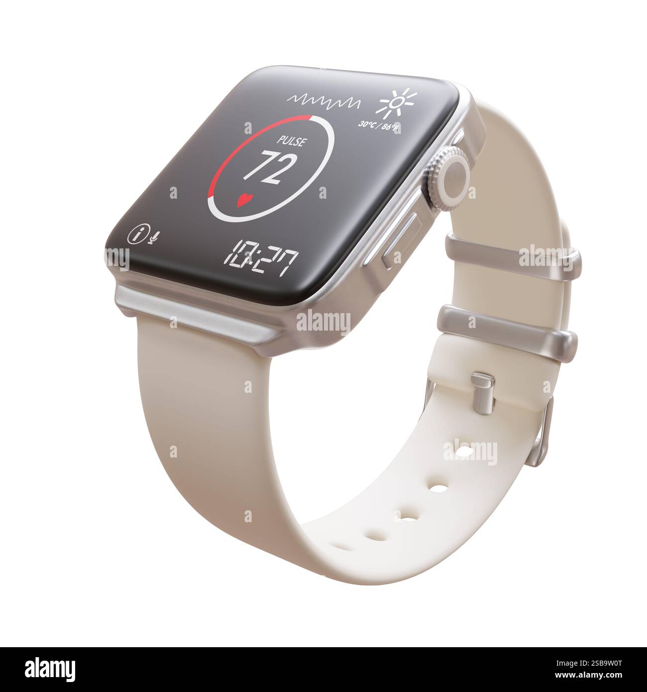 Smart watch with heart pulse monitoring, isolated on white, digital ...