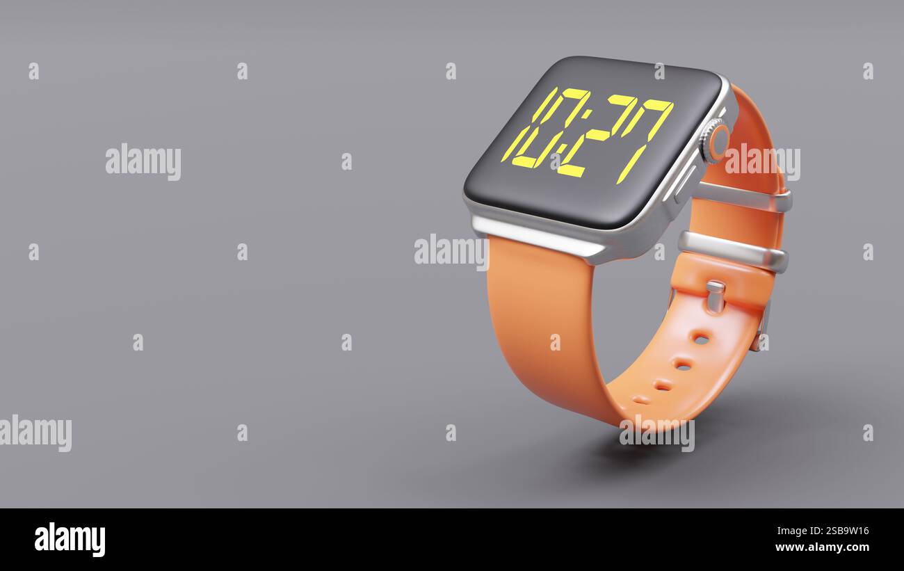 Smart watch isolated on gray time on digital smartwatch screen. 3d ...