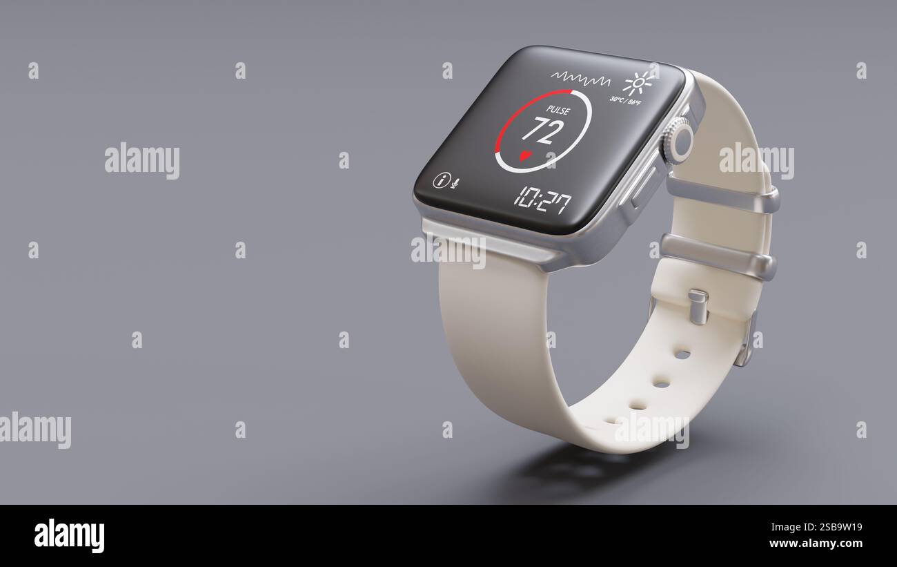 Smart watch with with heart pulse monitoring on screen isolated on grey ...