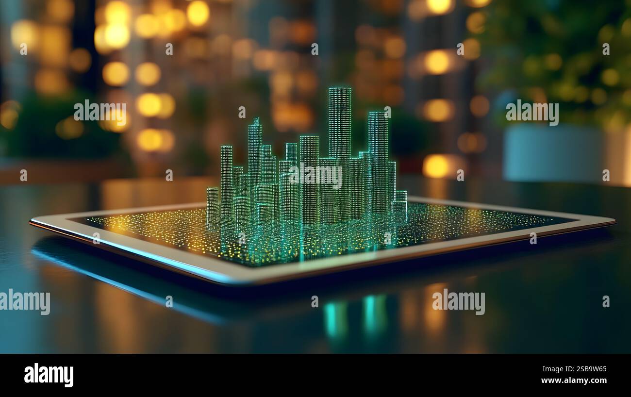 Augmented reality graphs hovering above a tablet on a professional desk background,ideal for ...