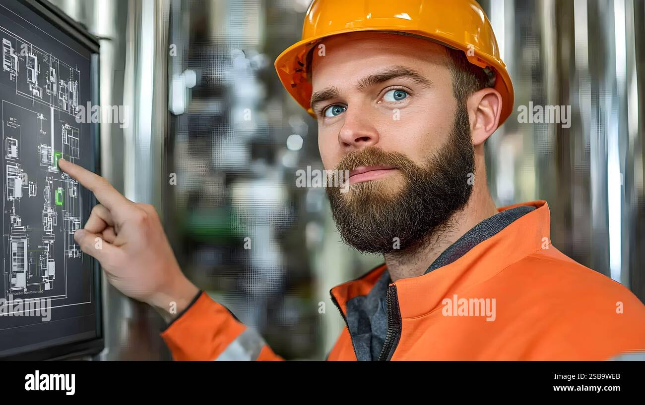 Engineer in Hardhat Examining Schematic on Computer Monitor at Large ...