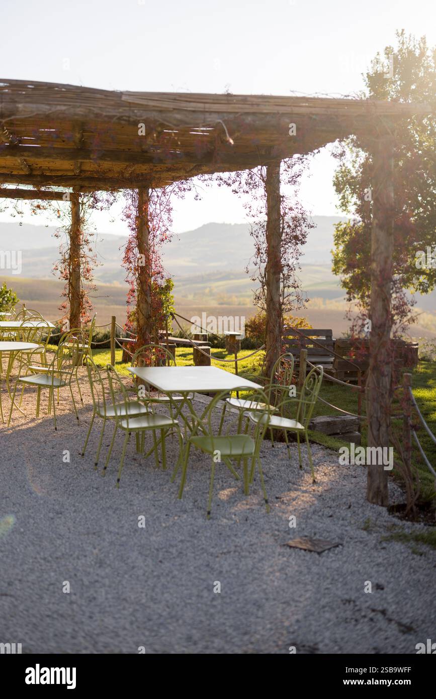 Rustic outdoor dining area under a vine-covered pergola with scenic ...