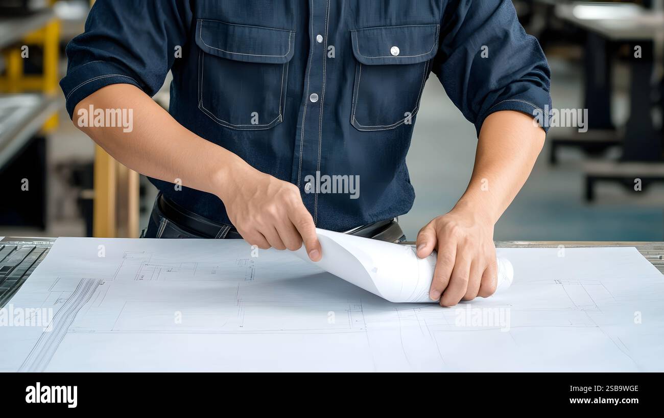 Engineer closely examining blueprints while overseeing a running ...