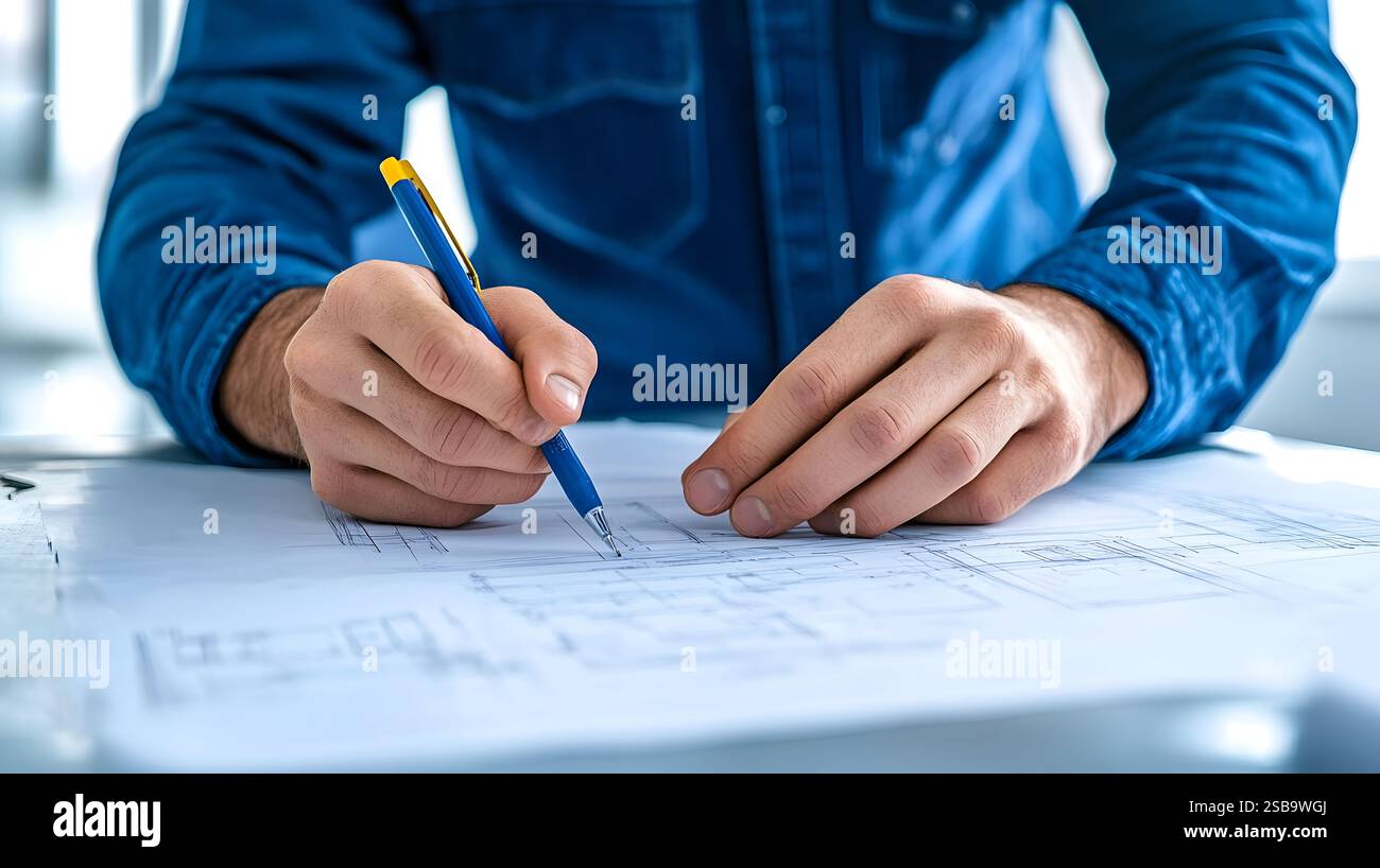 A professional engineer carefully reviews the detailed blueprints,plans ...