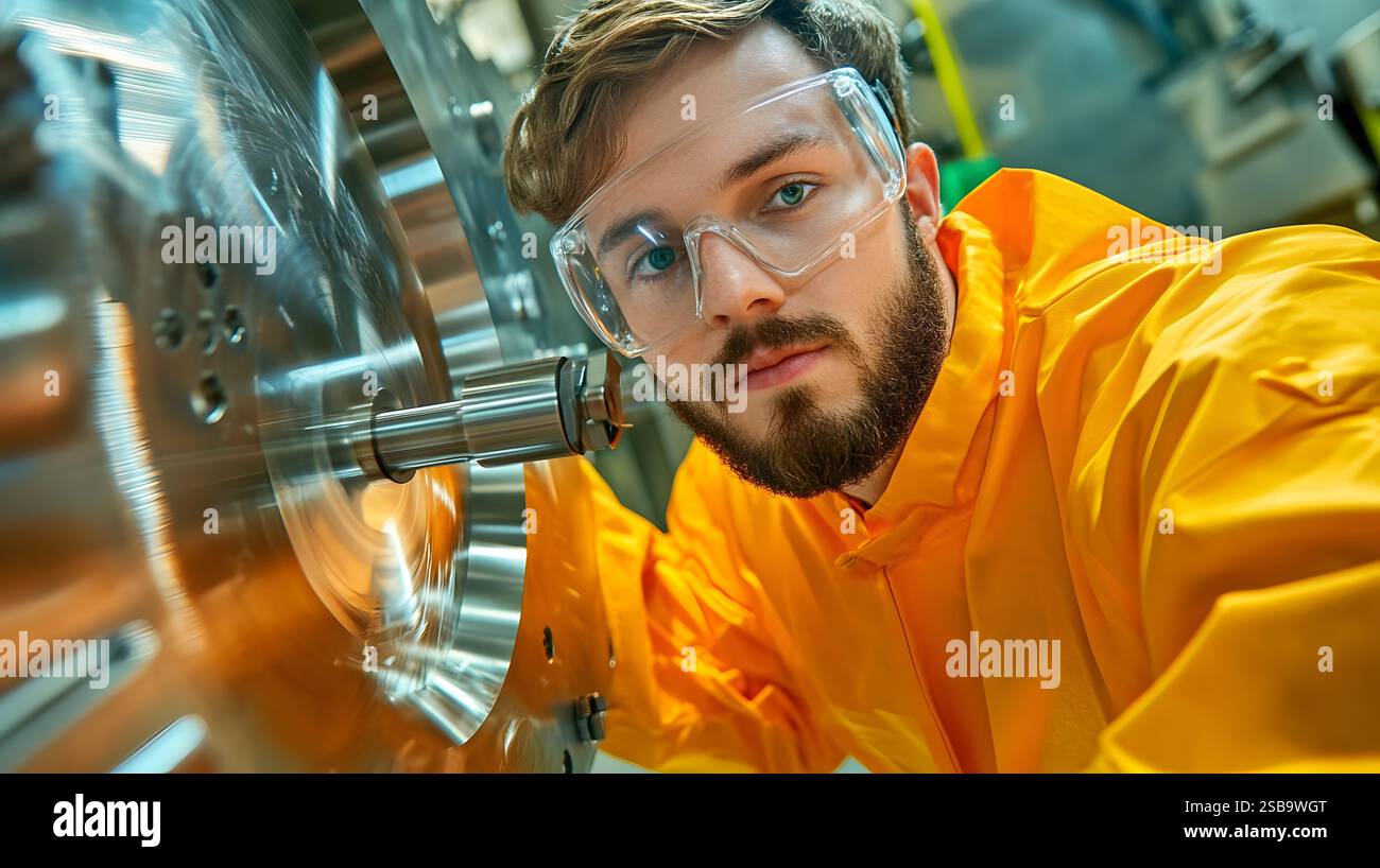 Worker wearing safety equipment like goggles and protective clothing ...