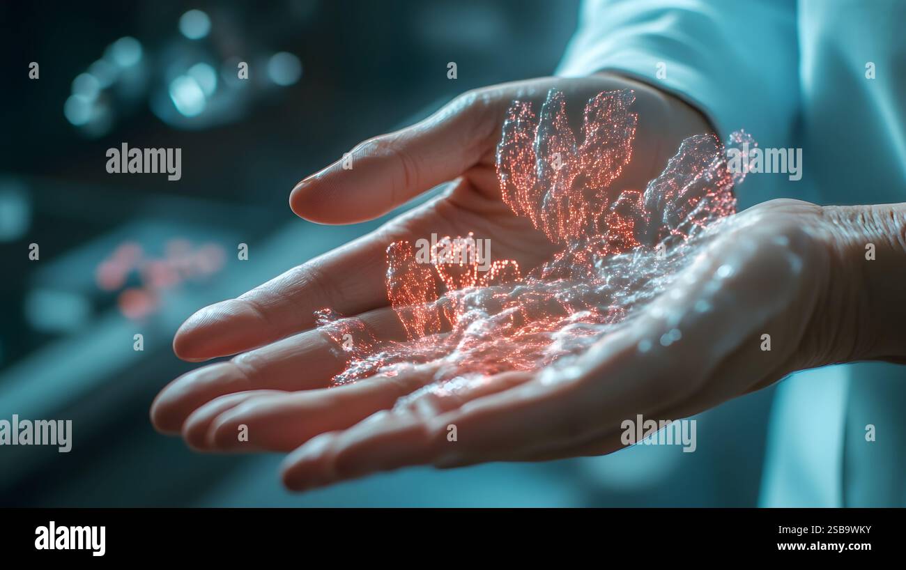 Futuristic holographic medical data visualization projected above a ...