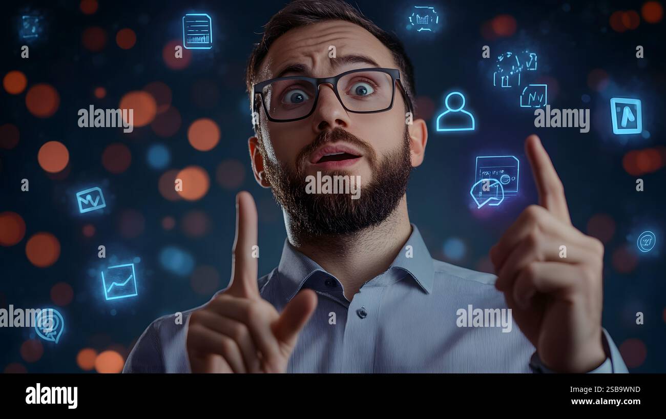 Businessman Pointing to Holographic Marketing Icons on Dark Modern ...