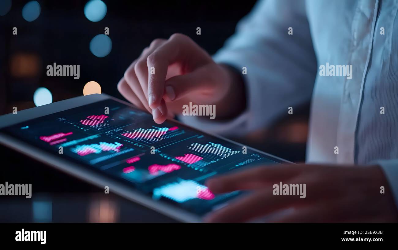 Businessman using a digital tablet with futuristic data visualizations ...